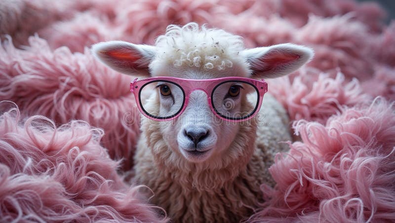 Lamb Wearing Pink Eyeglasses Lying on Pink Fur Stock Illustration ...