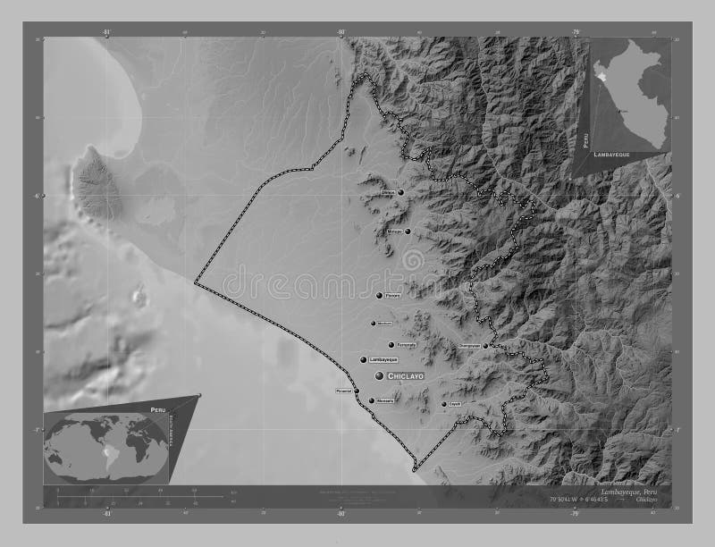 Lambayeque, Peru. Grayscale. Labelled Points of Cities Stock ...