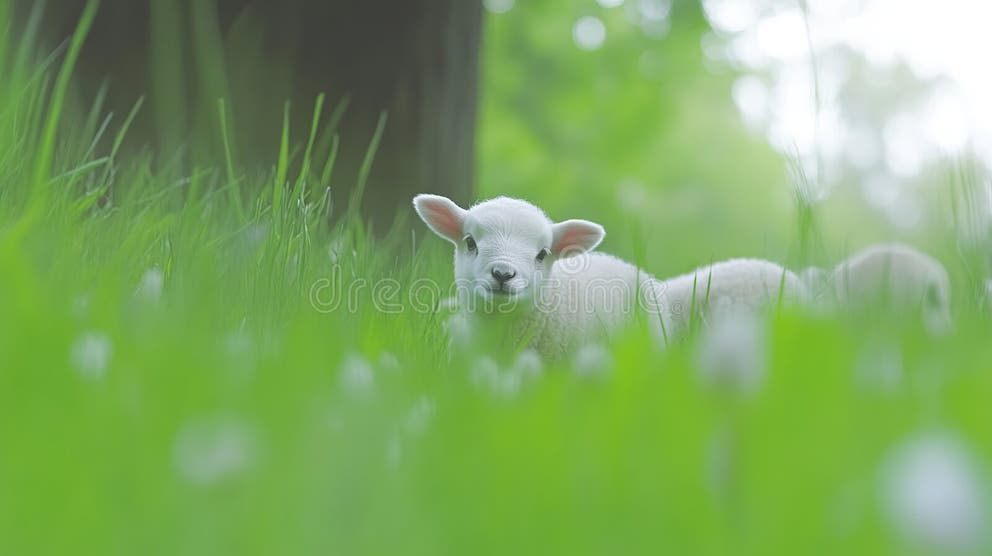 Lambs Playing in Lush Green Pasture, Spring Stock Photo - Image of ...