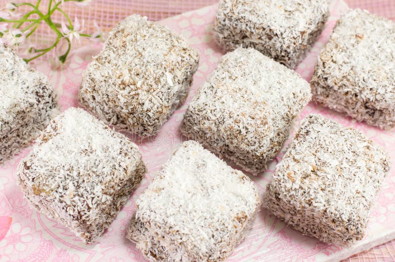 Lamingtons on a plate stock photo. Image of sweet, sponge - 81353890