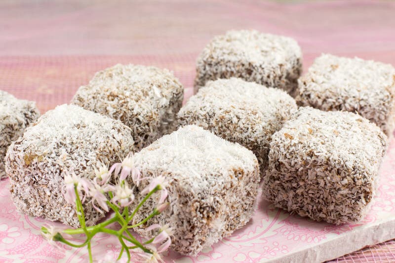 Lamingtons on a plate stock photo. Image of plateful - 81354458