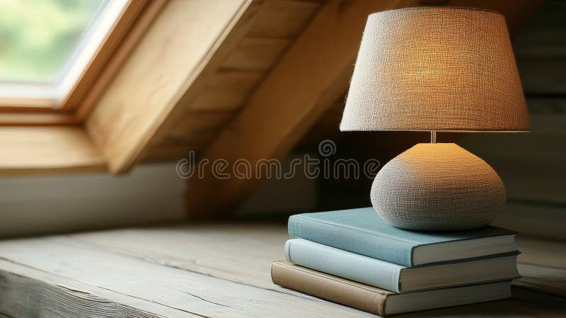 A Lamp with a Beige Shade Sits on a Stack of Three Books on a Wooden ...