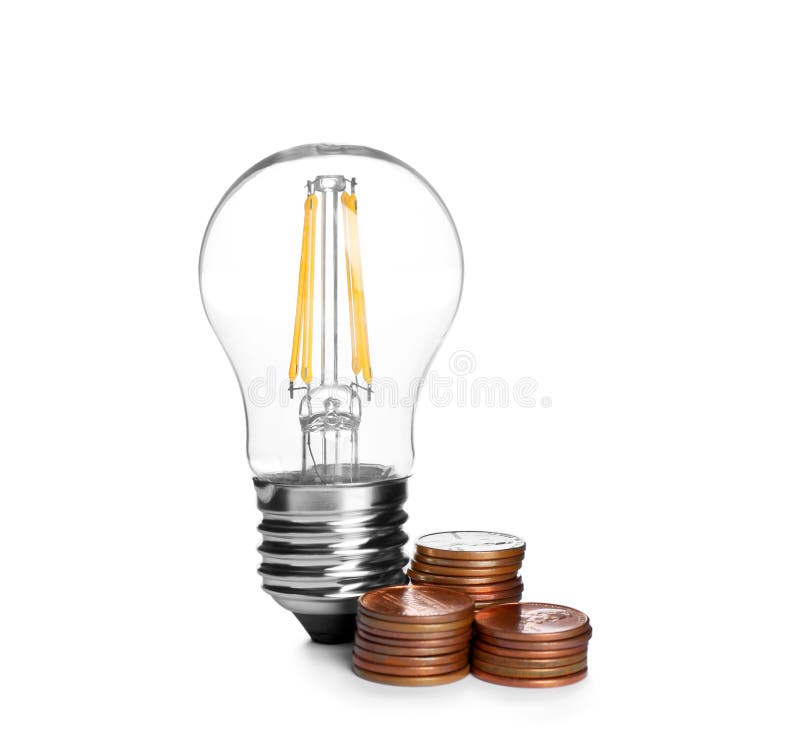 Lamp Bulb and Coins on White. Money Saving Concept Stock Image - Image ...