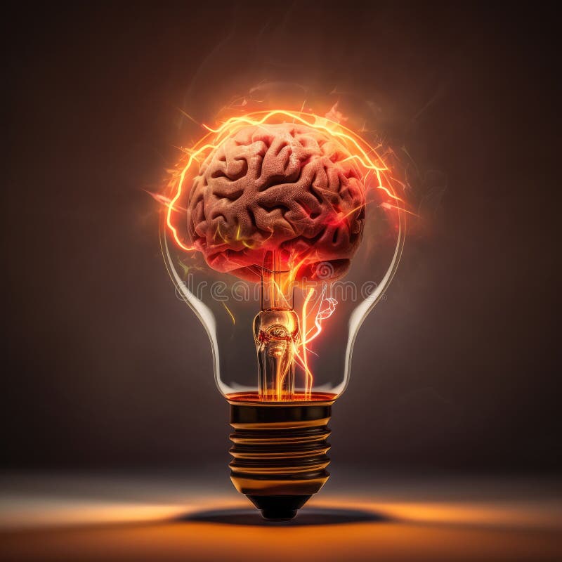 Lamp Bulb with Human Brain on Dark Background, AI Generated Stock ...