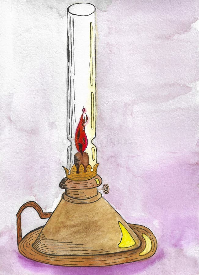 Lamp with Fire and Light from it. Drawn by Hand with Watercolor ...