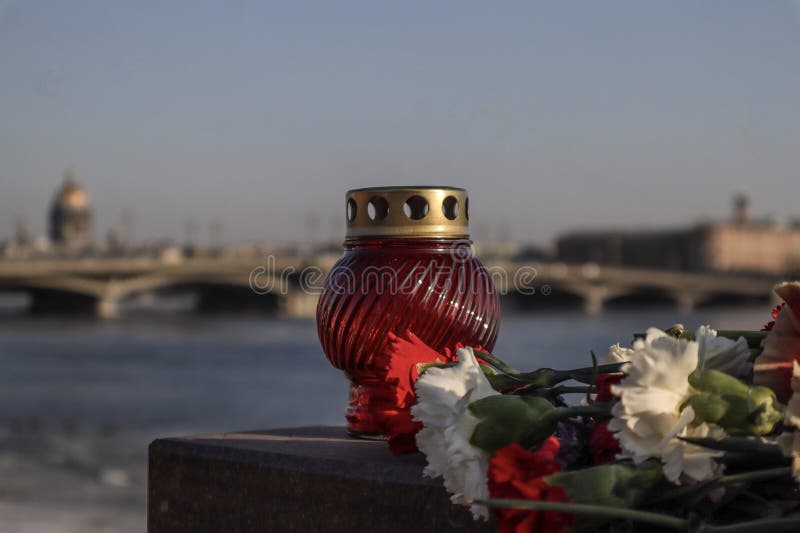 Lamp and Flowers in Memory of the Dead People Stock Photo - Image of ...