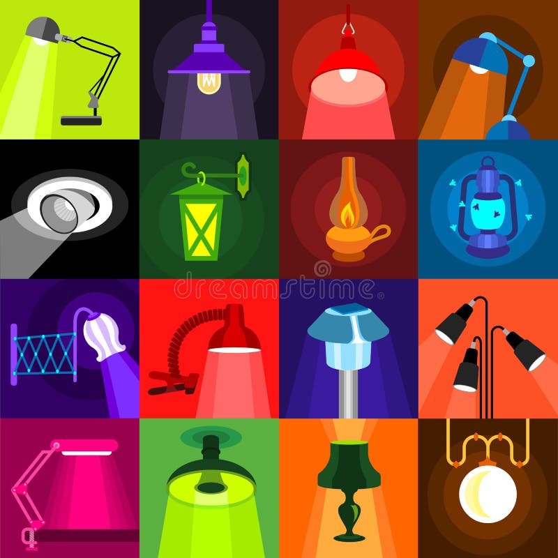 Lamp Glow Icons Set, Flat Style Stock Vector - Illustration of bulb ...