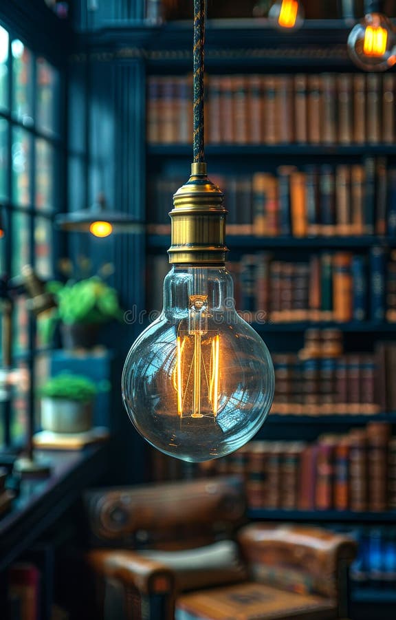 A Lamp Hanging from the Ceiling in a Library. the Light is on and the ...