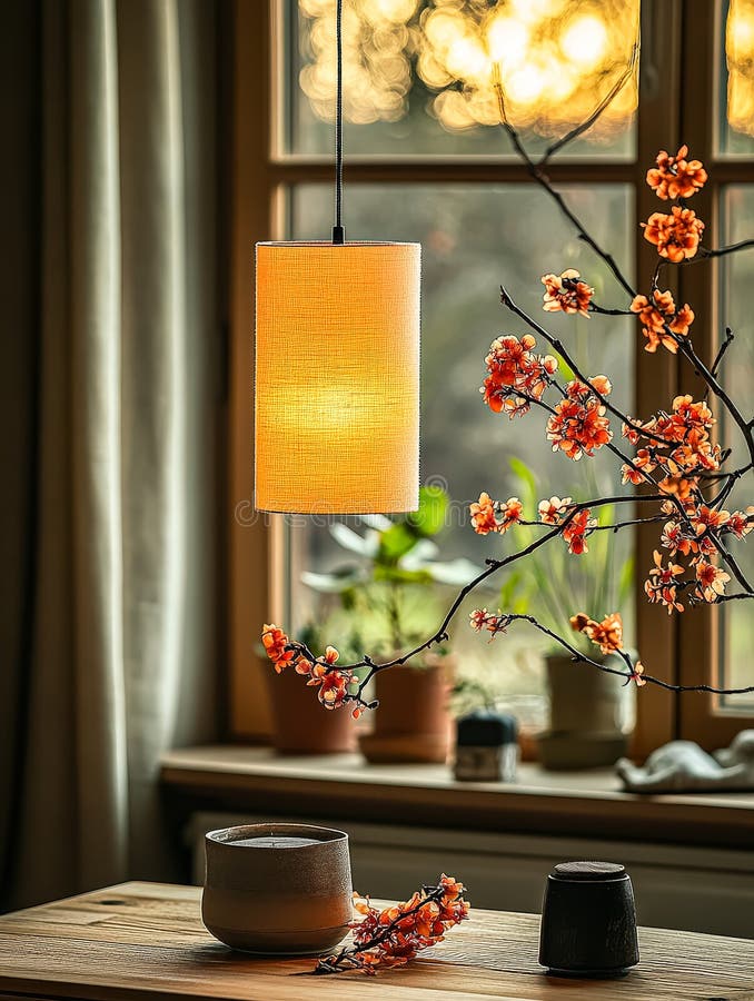 Lamp Hanging from a Window with a Tree Branch in Front of it Stock ...