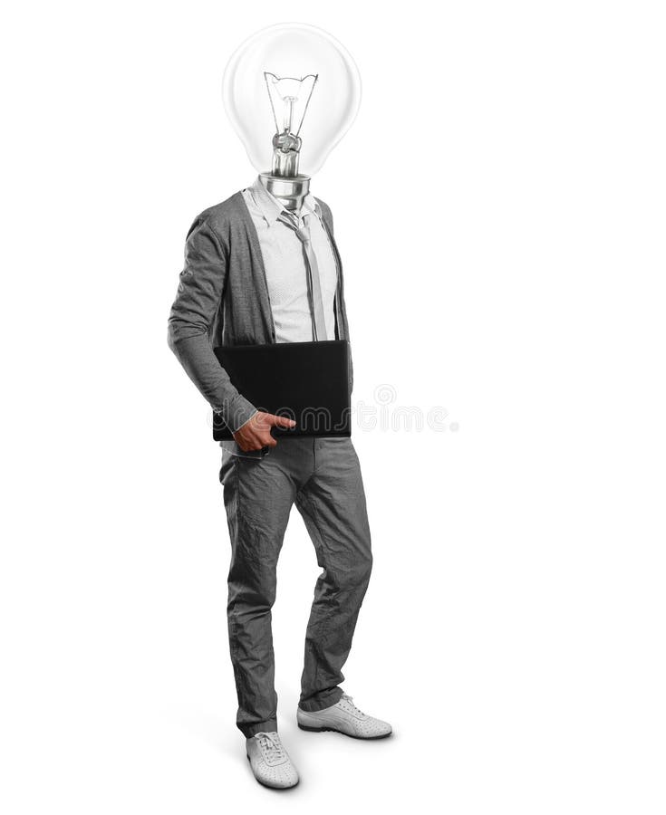 Lamp Head Businessman Holding Computer Laptop PC Stock Photo - Image of ...