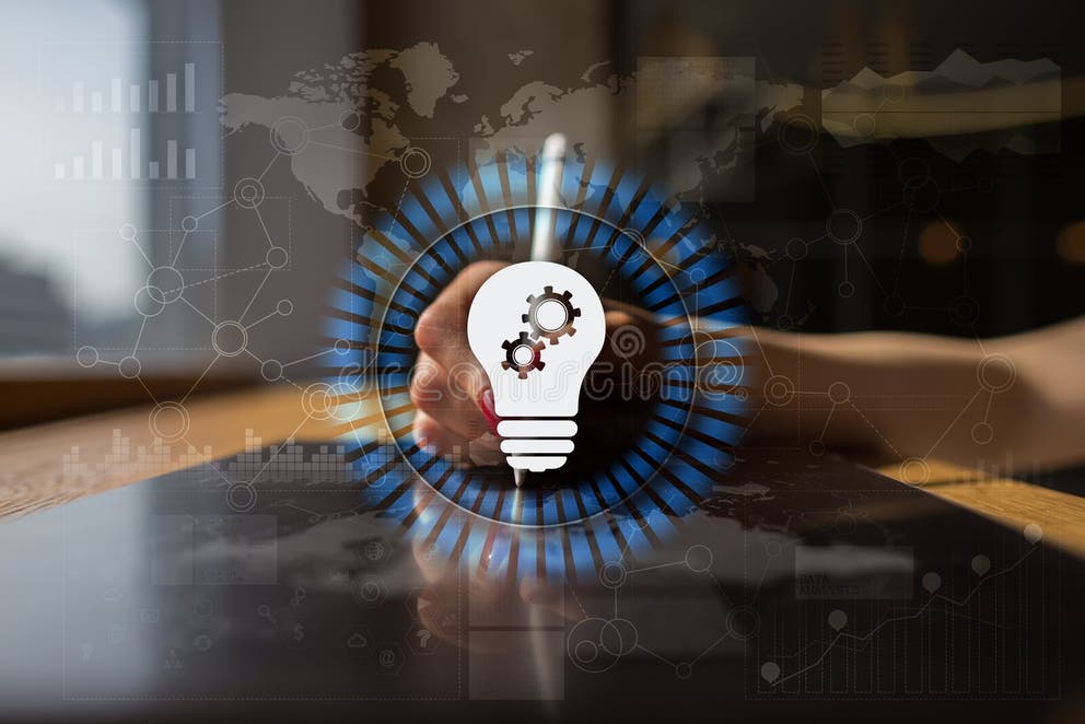 Lamp Icon on Virtual Screen. Business Solution. Innovation Concept ...