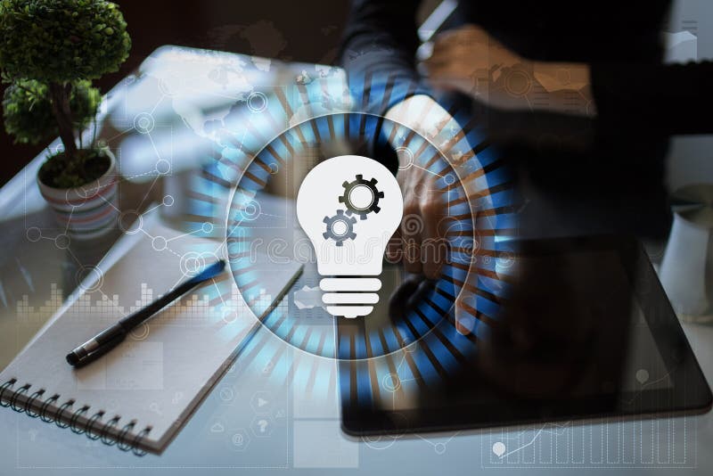 Lamp Icon on Virtual Screen. Business Solution. Innovation Concept ...