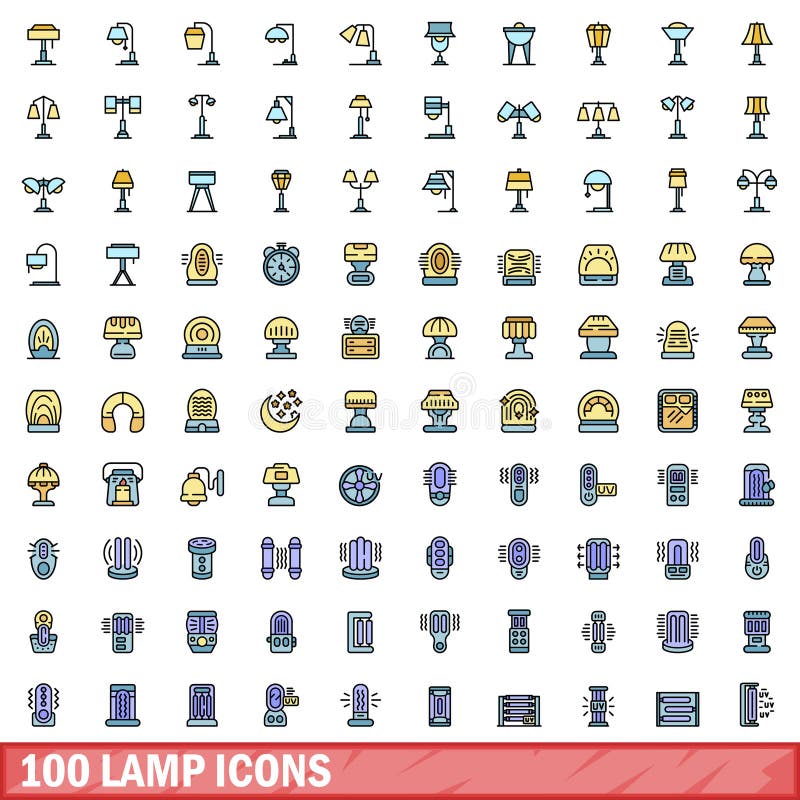 100 Lamp Icons Set, Color Line Style Stock Vector - Illustration of ...
