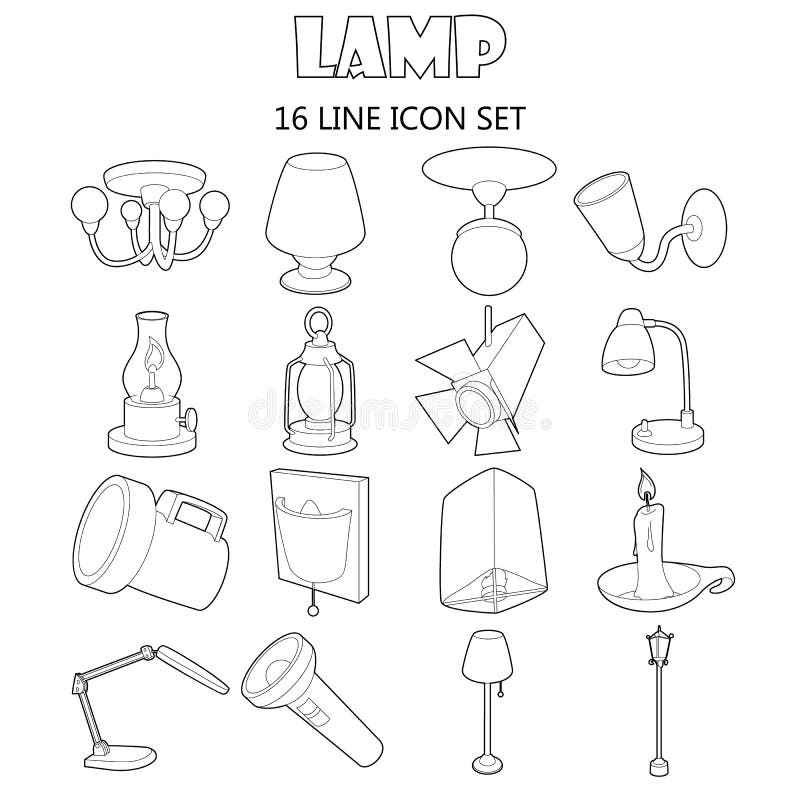 Lamp Icons Set, Outline Style Stock Vector - Illustration of furniture ...