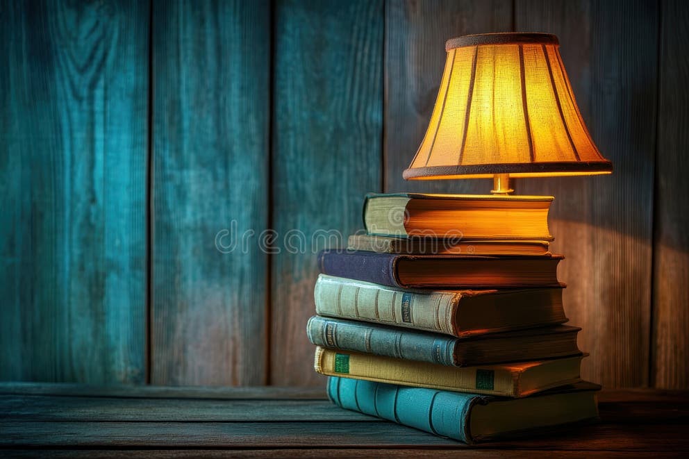 A Lamp Illuminates a Stack of Books, Creating a Cozy Reading Atmosphere ...