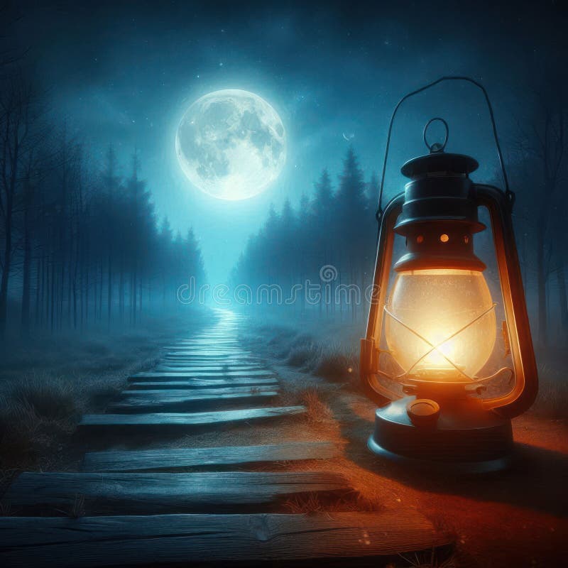 A Lamp and Moonlight, a Road through the Forest at Night. Stock Image ...