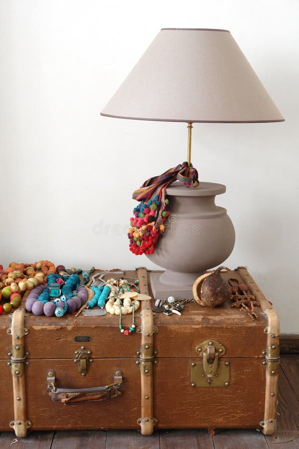 Lamp and Old Suitcase on the Floor Stock Photo - Image of scattered ...
