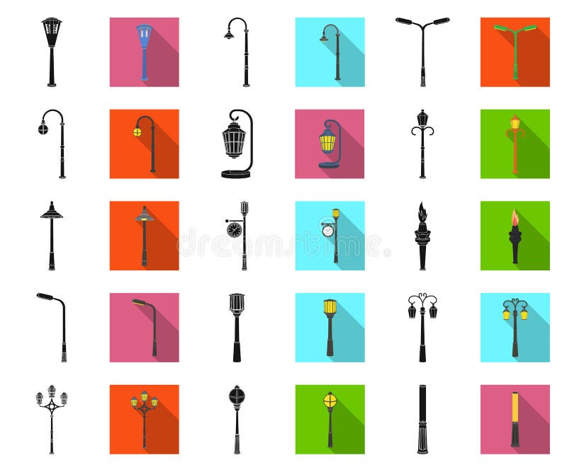 Lamp Post Black,flat Icons in Set Collection for Design. Lantern and ...