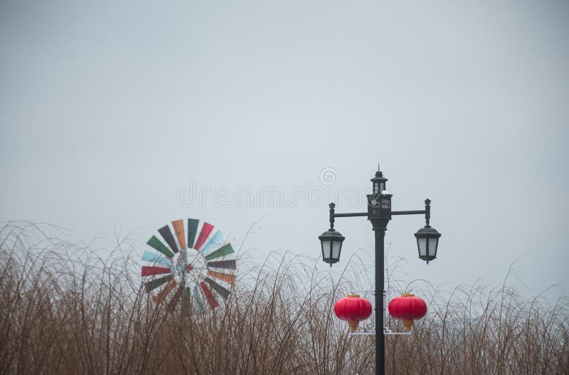 Lamp Post and a Colorful Wind Mill in Wuhan, China Stock Image - Image ...