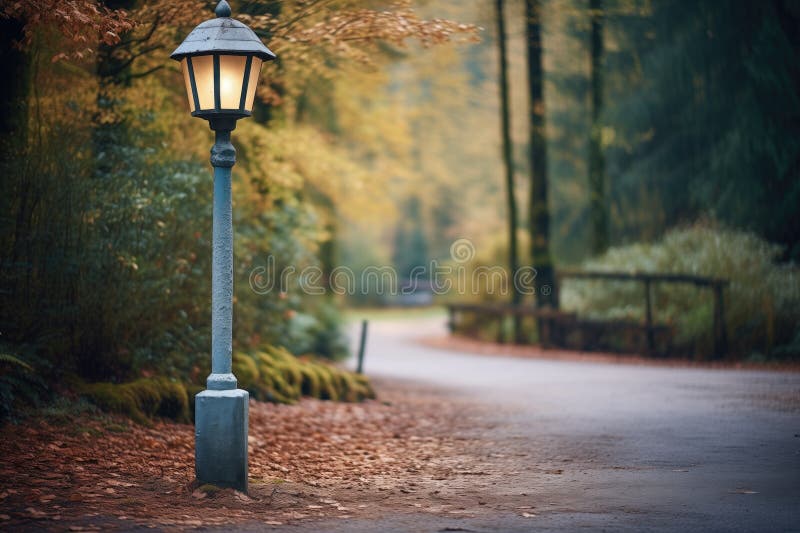 Lamp Post at the Edge of a Forest Path Stock Photo - Image of dusk ...
