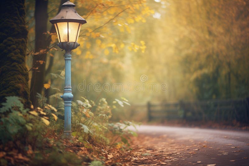 Lamp Post at the Edge of a Forest Path Stock Photo - Image of dusk ...