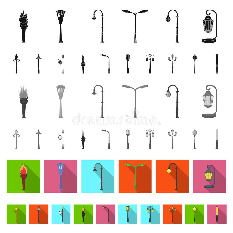 Lamp Post Flat Icons in Set Collection for Design. Lantern and Lighting ...