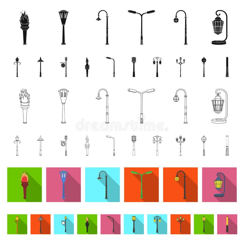 Lamp Post Flat Icons in Set Collection for Design. Lantern and Lighting ...