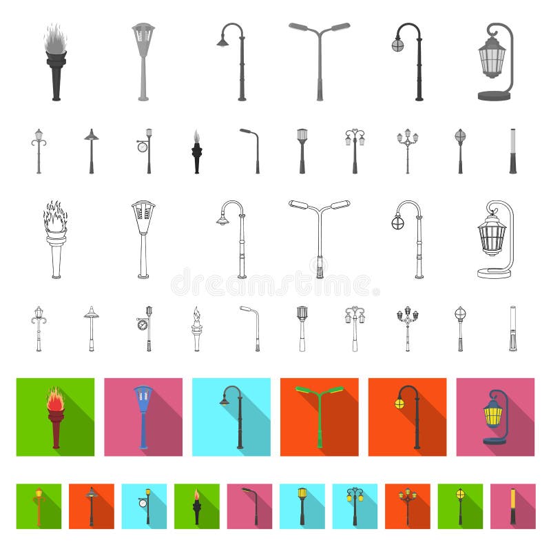 Lamp Post Flat Icons in Set Collection for Design. Lantern and Lighting ...