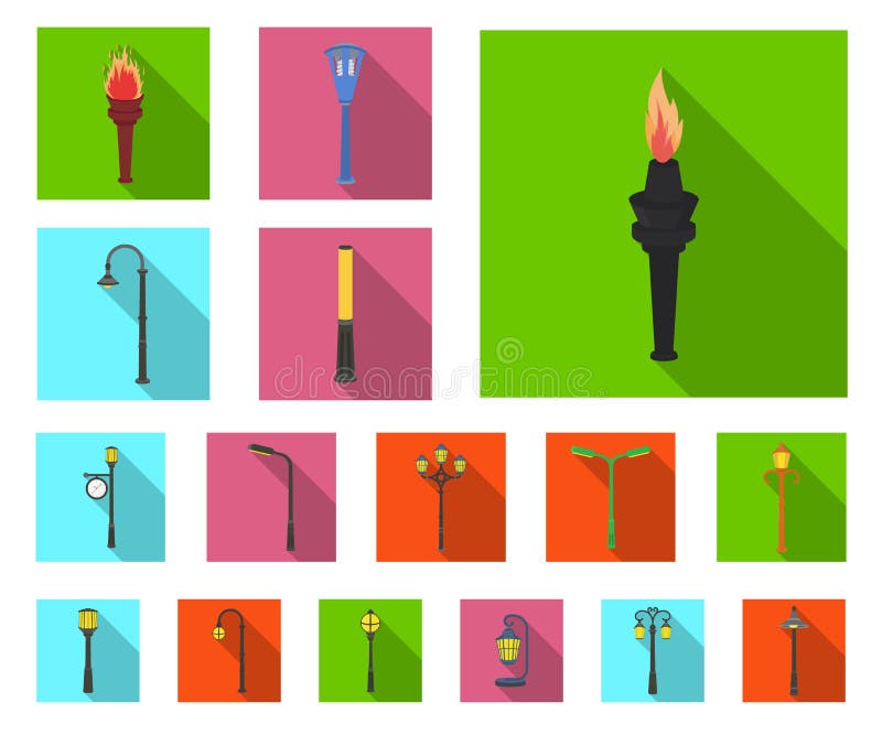 Lamp Post Flat Icons in Set Collection for Design. Lantern and Lighting ...