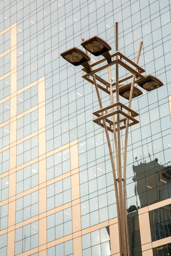 Lamp Post in Front of a Glass and Concrete Facade on a Modern Corporate ...