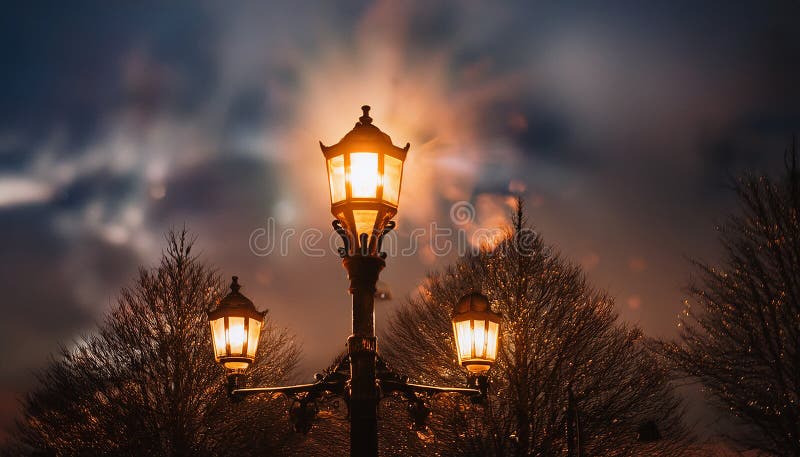 Lamp-Post. Lamp Post Lit at Night Stock Illustration - Illustration of ...