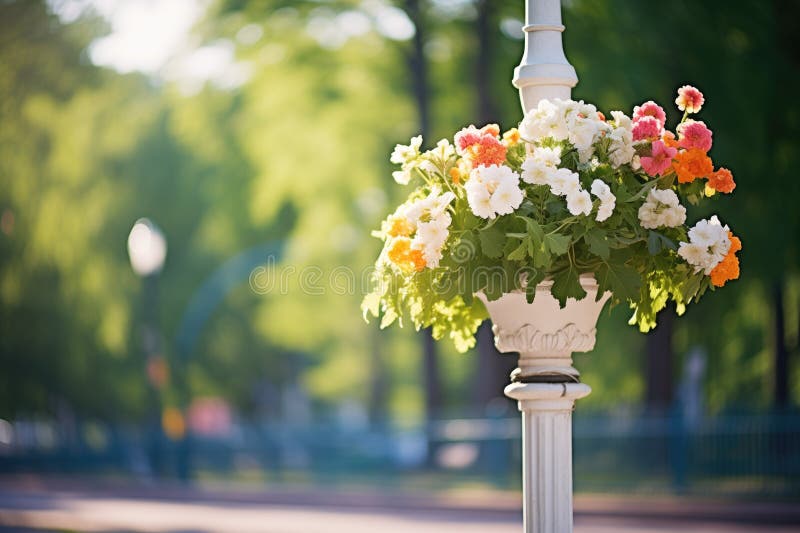 Lamp Post in a Park with Blooming Flowers Stock Photo - Image of ...