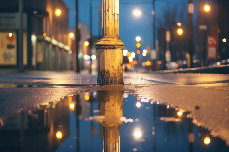 Lamp Post Reflected in a Rain Puddle at Night Stock Photo - Image of ...