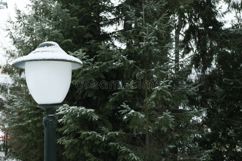Lamp Post in Snowy Day, Space for Text Stock Photo - Image of christmas ...