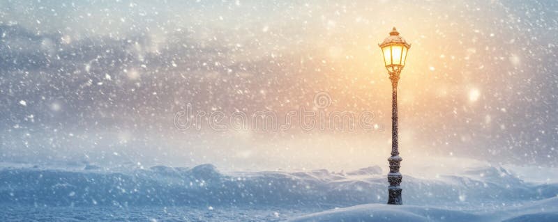 Lamp Post in a Snowy Landscape during Sunset, Serene Winter Scene Stock ...