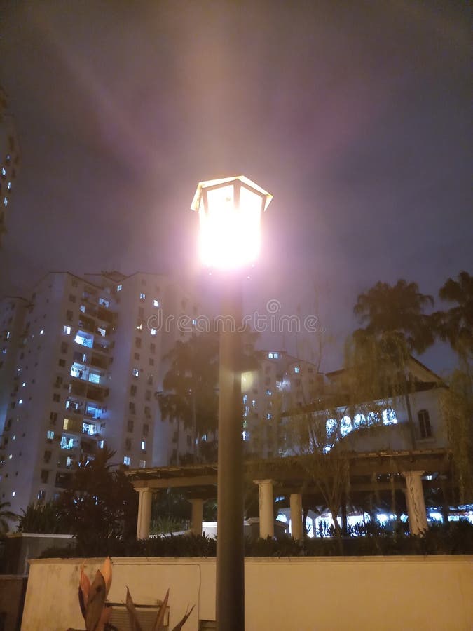 Lamp Street at the Night with Reflection. View of Building in Darkness ...