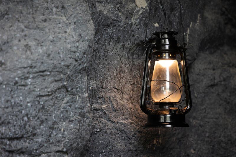Lamp Warm Light Retro Antique Old Vintage on Stone Wall Stock Image ...