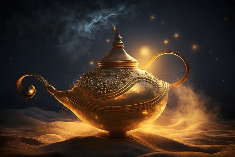 Lamp Of Wishes In The Desert Genie Coming Out Of The Bottle Neural Network Ai Generated Stock