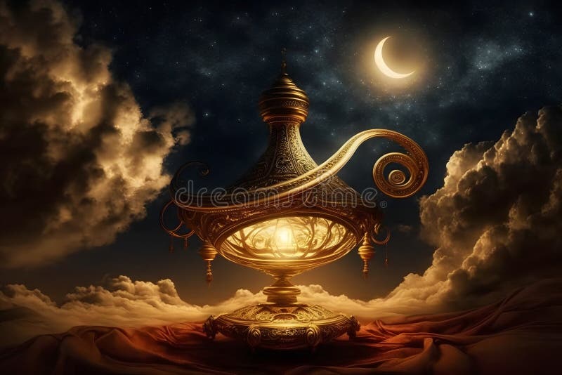 Lamp Of Wishes In The Desert Genie Coming Out Of The Bottle Neural Network Ai Generated Stock