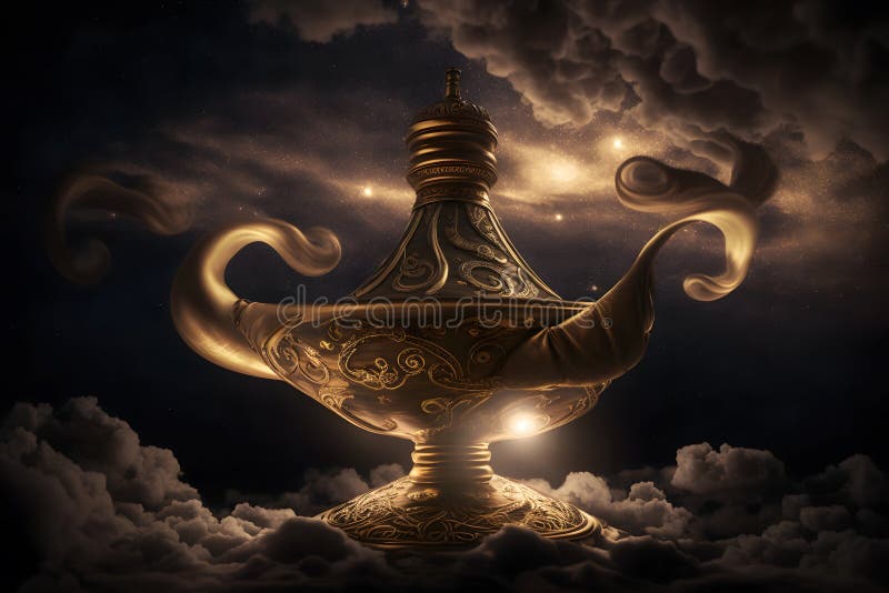 Lamp Of Wishes In The Desert Genie Coming Out Of The Bottle Neural Network Ai Generated Stock