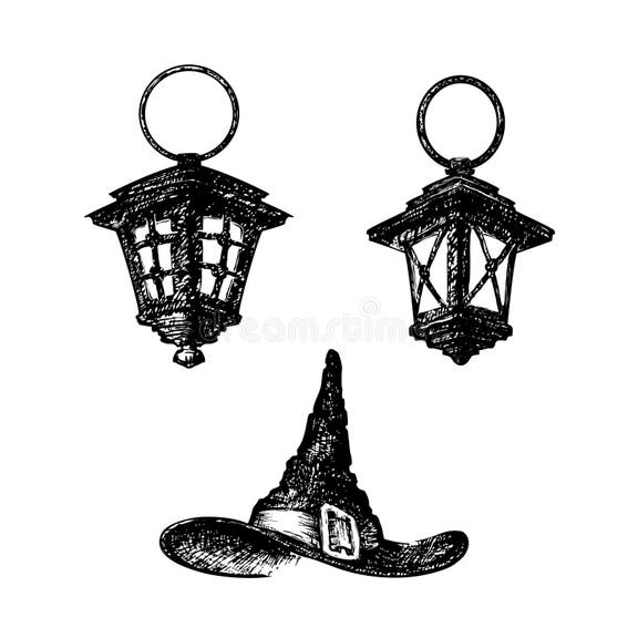 Lamp and Witch Hat Drawn Sketch Stock Vector - Illustration of light ...