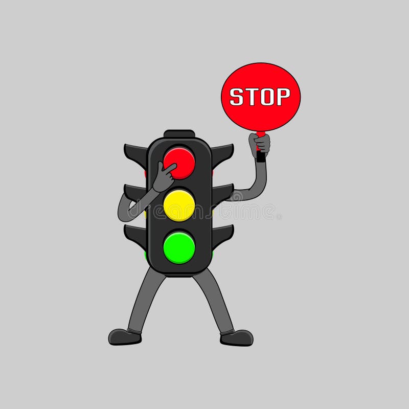 Red Traffic Light Cartoon Illustration with Traffic Sign Stock Vector ...