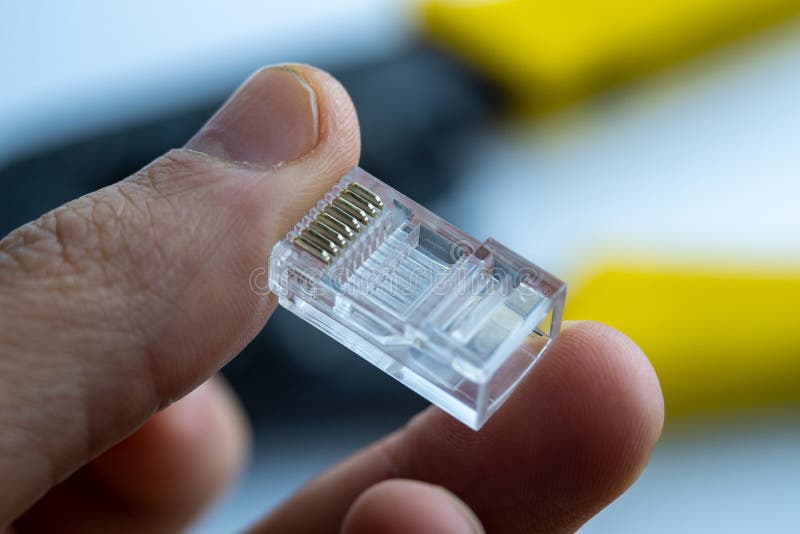 LAN Ethernet Rj45 Connector in Hand. Close Up Stock Photo - Image of ...