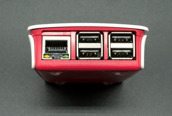 LAN and USB Ports of Single-board Computer in White and Red Plastic ...