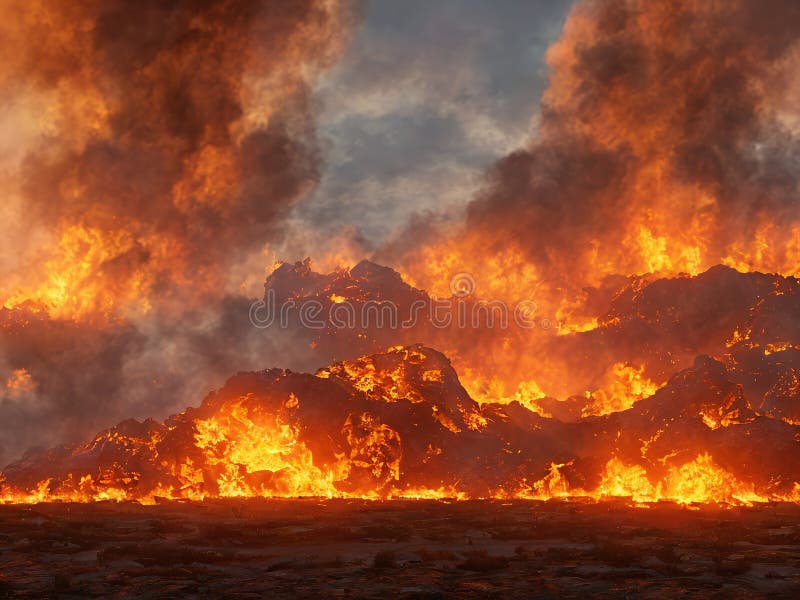 A Barren Landscape of Burning Land, Smoke Rising Up To the Sky Stock ...