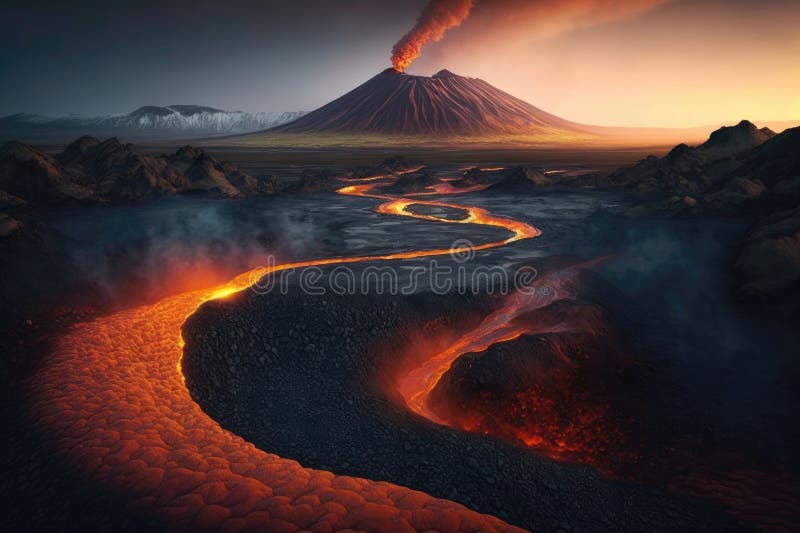 A Land of Fire and Lava with Volcanic Mountains. Generative AI Stock ...
