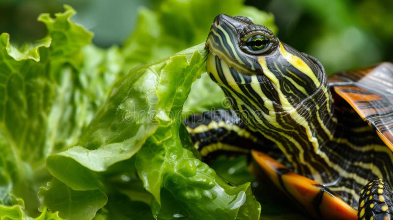 A Land Turtle Eats a Lettuce Leaf, Large Copyspace Area, Offcenter ...
