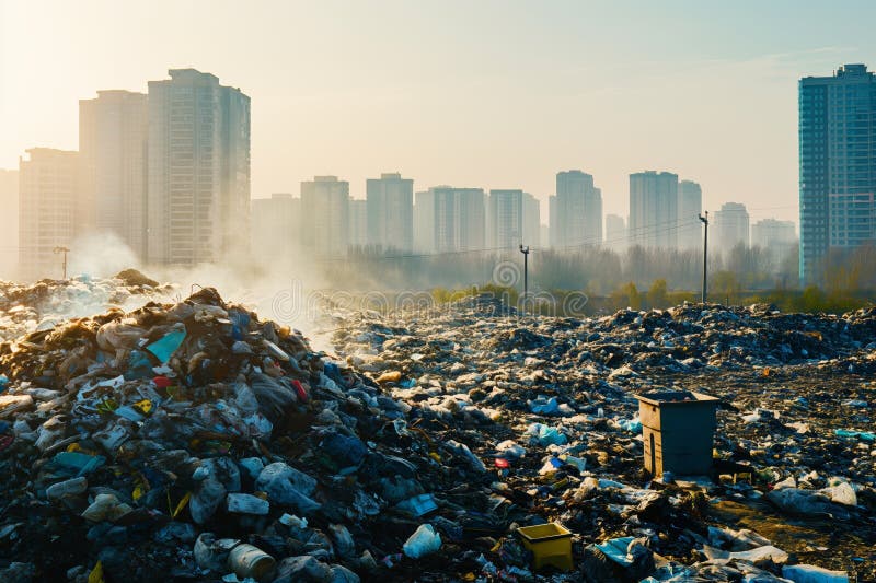 Landfill Site with City Backdrop in Haze Stock Photo - Image of trash ...