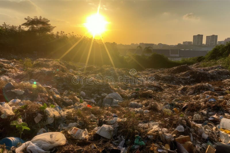 Landfill Surrounded by Greenery, with the Sun Shining Down on the Trash ...