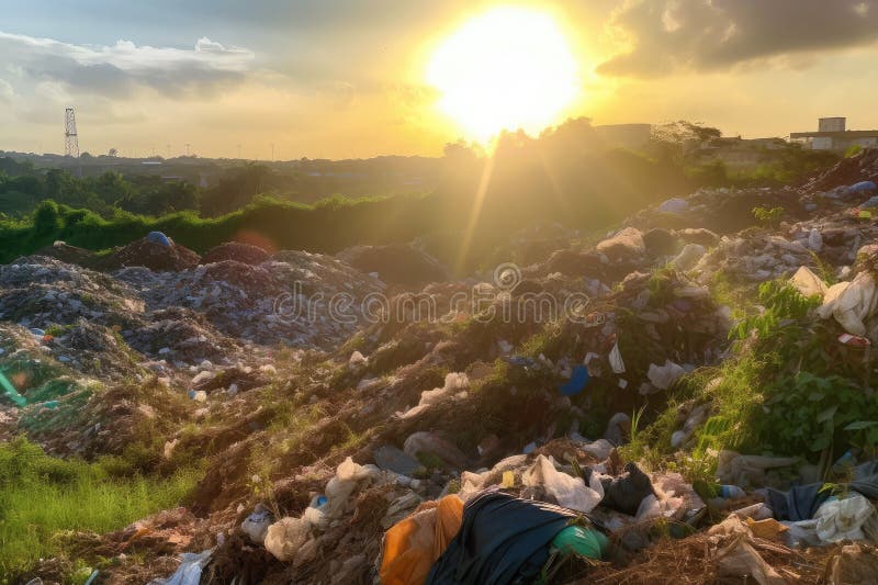 Landfill Surrounded by Greenery, with the Sun Shining Down on the Trash ...